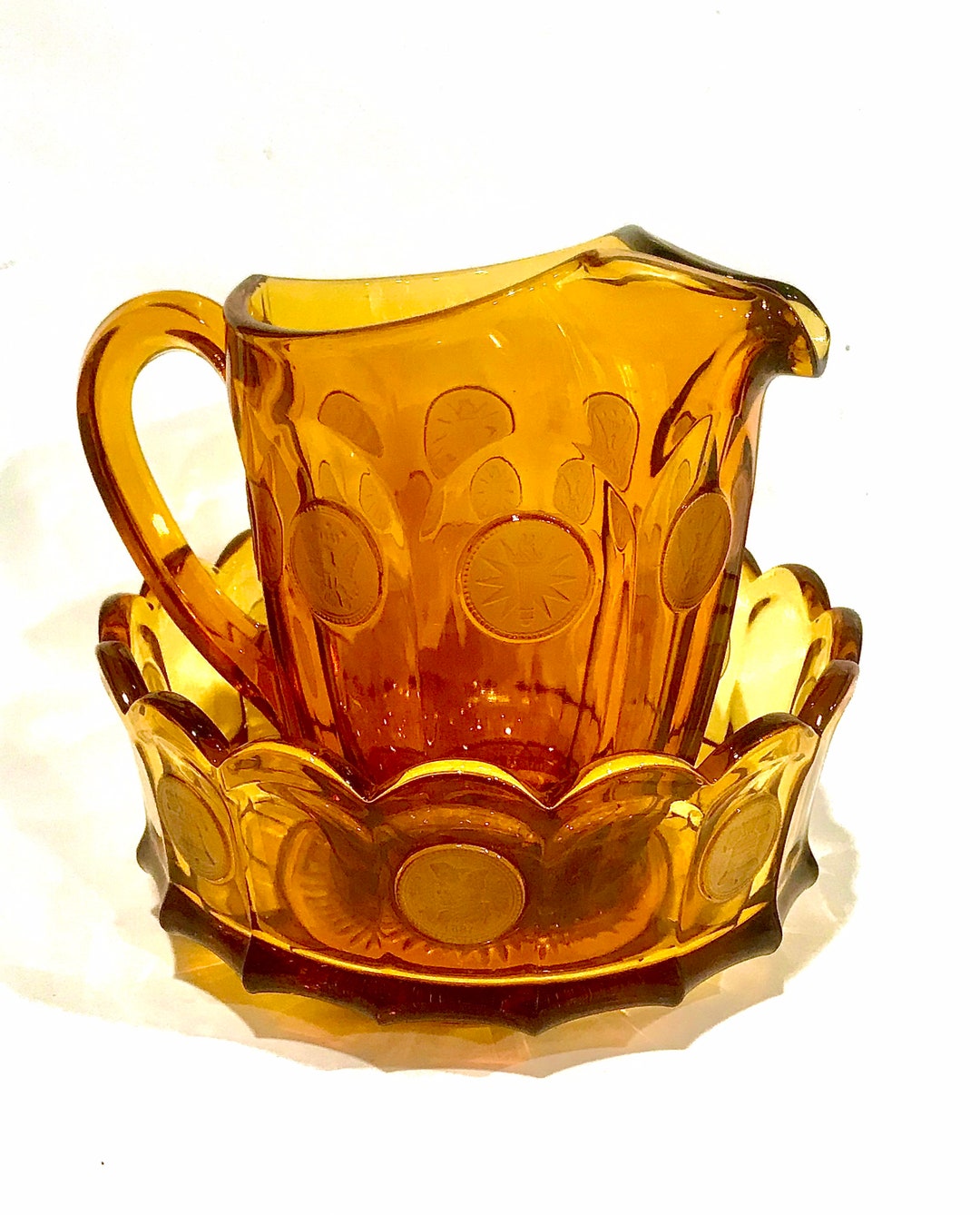 FOSTORIA Amber Coin Glass 2pc Large Bowl and Pitcher Set - Etsy