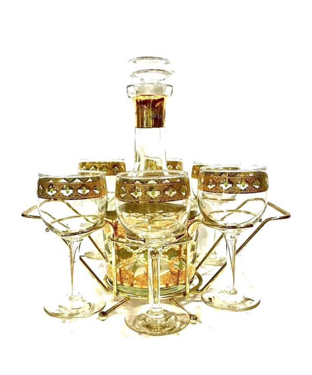 Vintage Culver Valencia Decanter With Stopper 6 Wine Glasses and a Gold ...