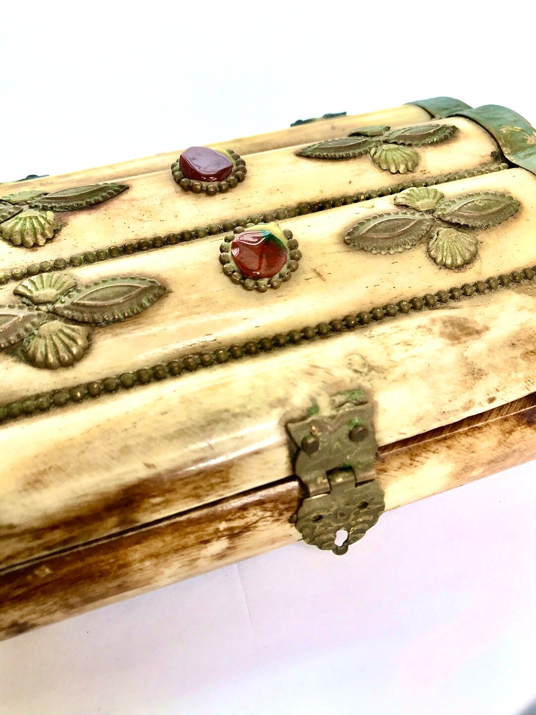 Carved Bone Trinket Box With Embellished Etched Brass Copper Trim and ...