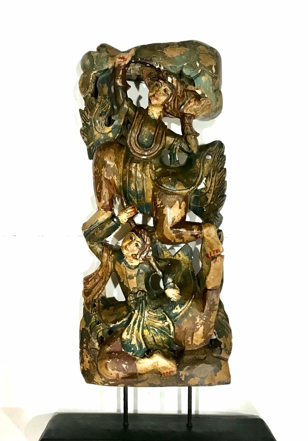 Carved Teak Wood Eastern Sword Dancers 23in Sculpture on Pedestal Wood ...