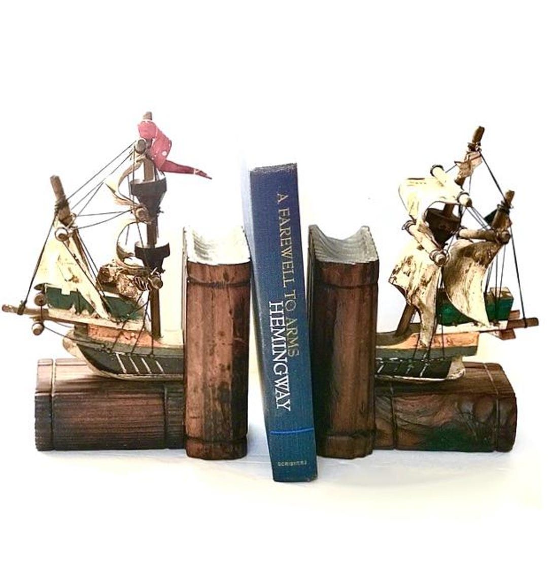 Vintage Galleon Sailing Ship Bookends Detailed Wood Body With Sails and ...