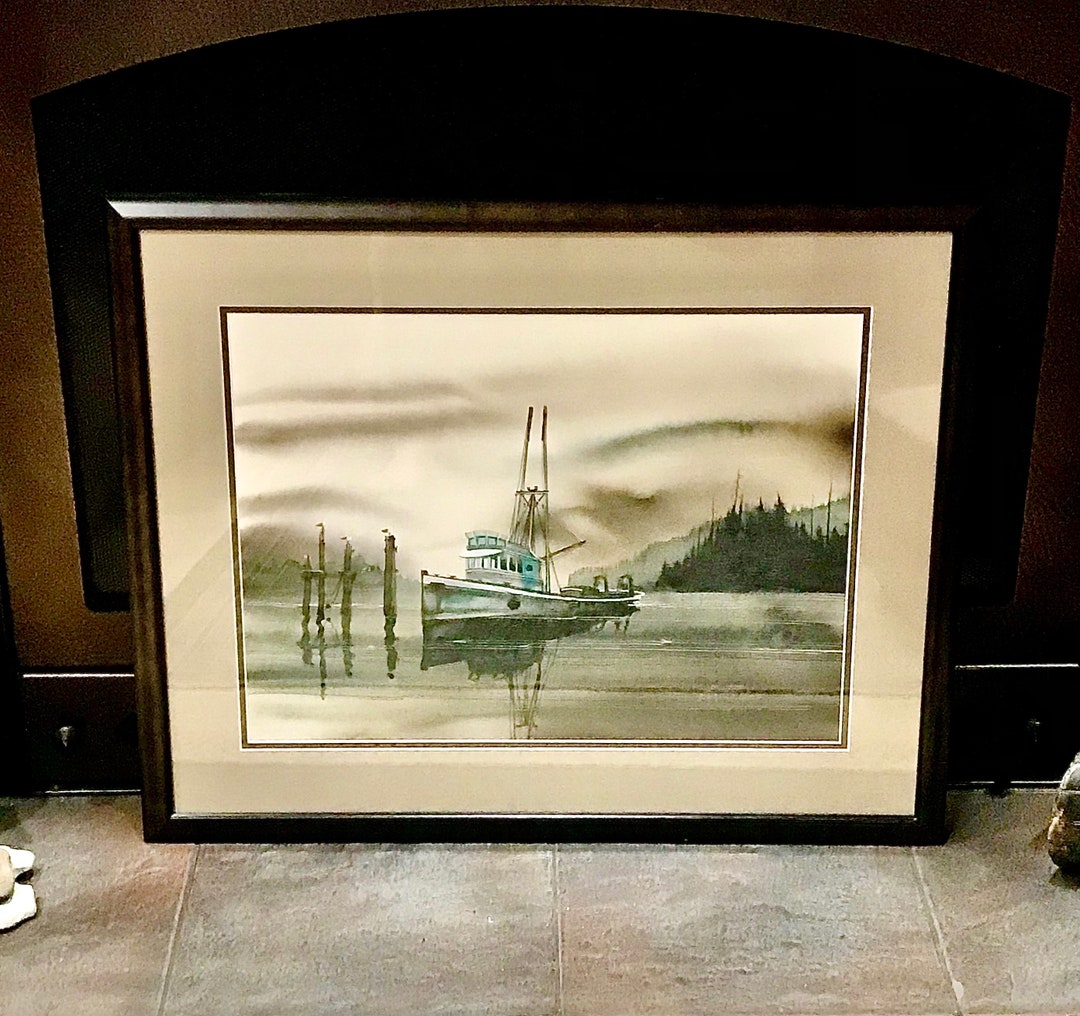 Original Watercolor troller Fishing Boat Signed Painting 26x21 ...