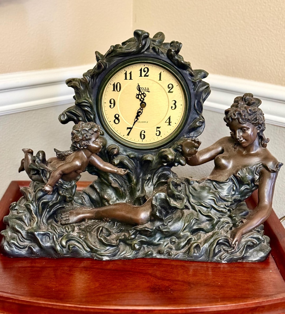 Art Nouveau Crosa Mantel Clock Semi Nude Woman and Putti Cherub, Carved ...