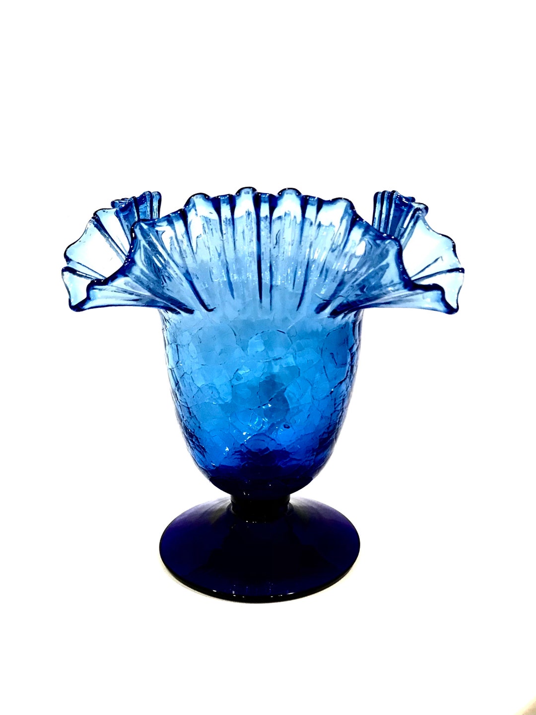 Vintage Cobalt Blue BLENKO Crackle Glass Vase With Crimped & Ruffled ...