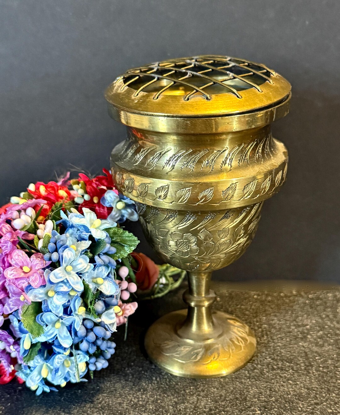 Etched Brass Flower Frog Vase With Wire Mesh Lid, Eclectic Design Made ...