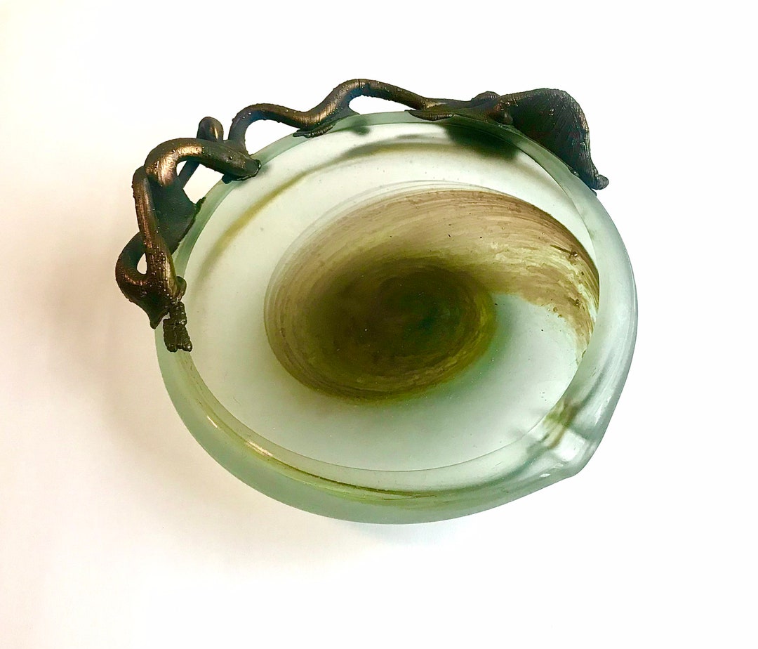 Romanian Hand Blown Art Glass Bowl With Applied Copper Leaf Vine Filip ...