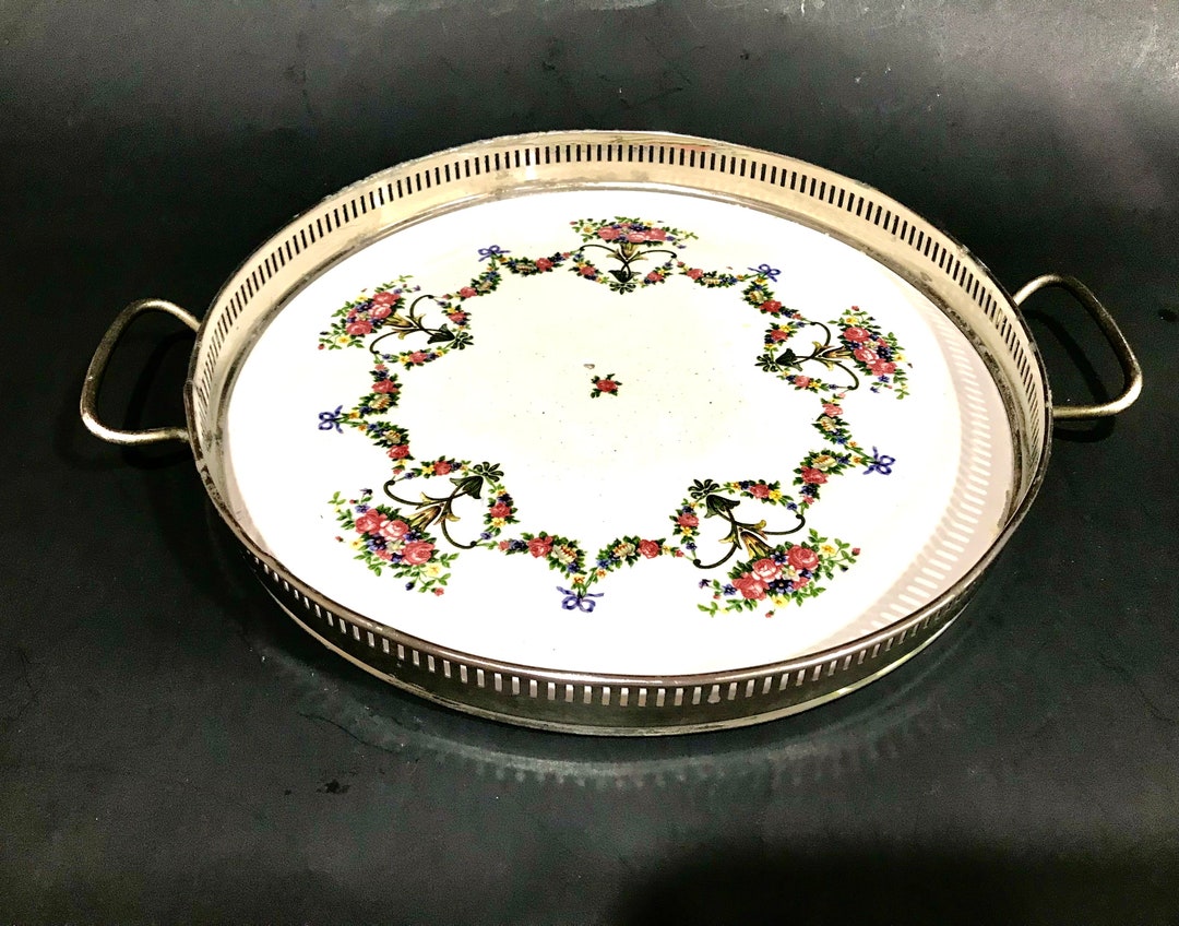 German Porcelain and Silver Tone Ormolu Tray, Floral Garland Motif ...