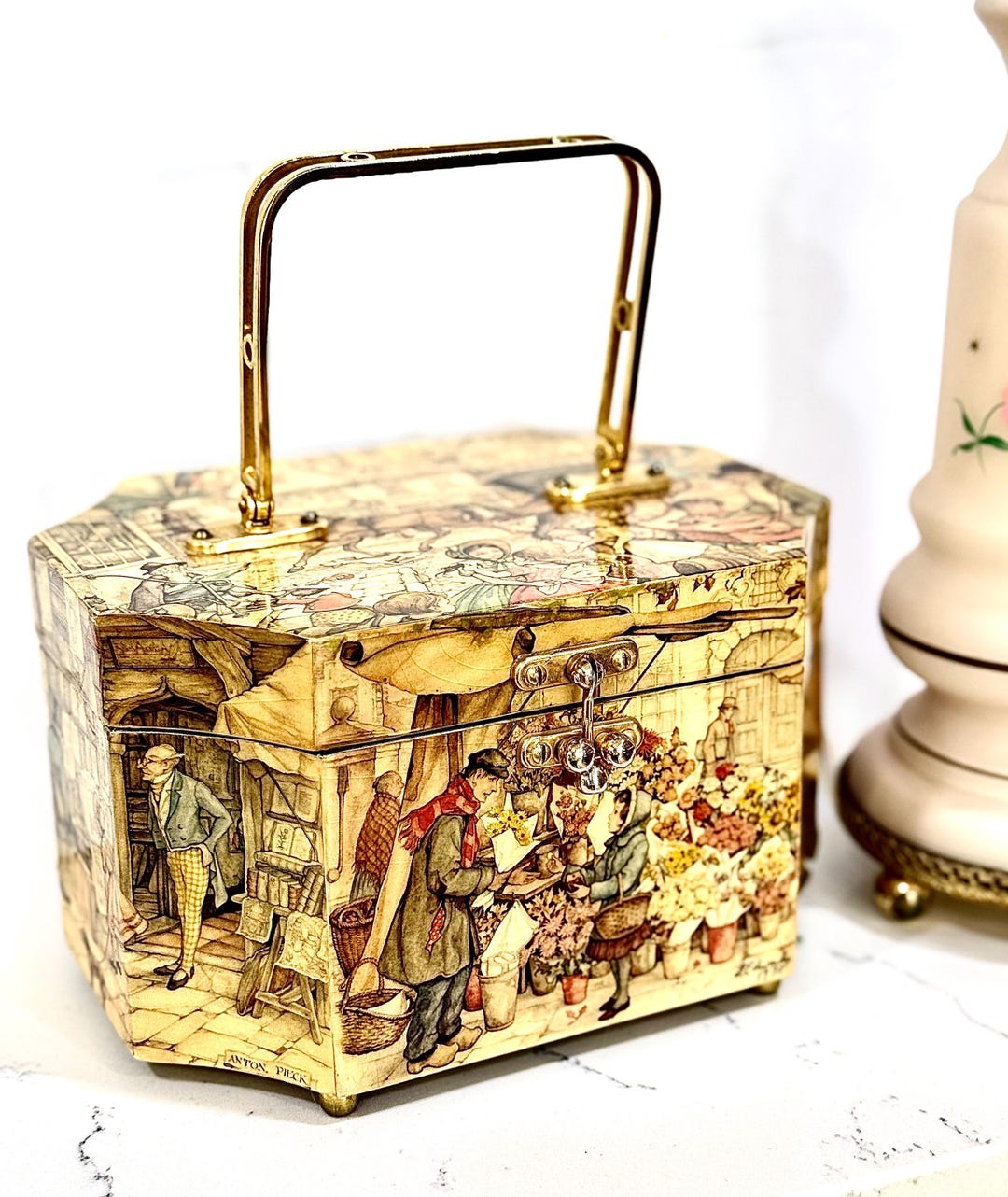 Anton Pieck Box Purse Brass Handle/latch/hinges Olive Green Plush ...