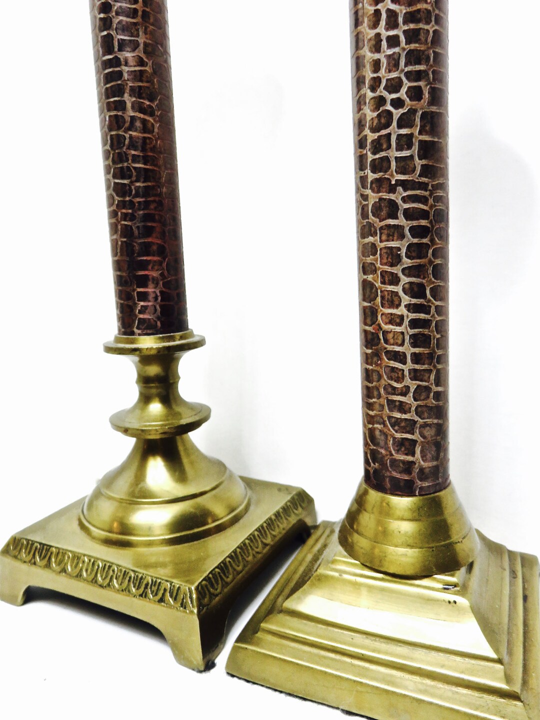 Vintage 2pc Brass Candlestick Holders Wrapped in Embossed Faux Leather ...