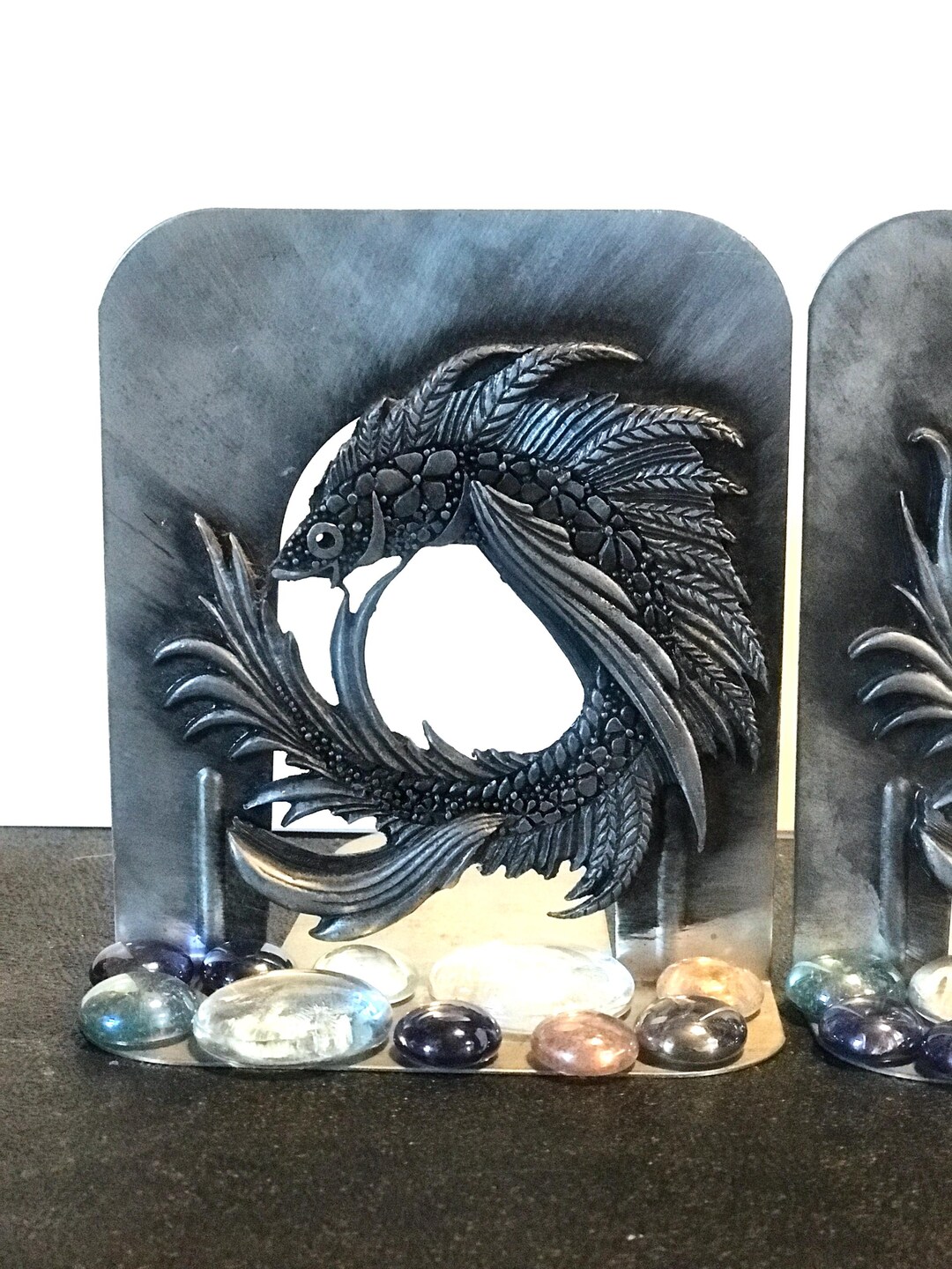 Vintage Metzke Pewter Bookends With Reticulated Fanciful Koi Fish Motif ...