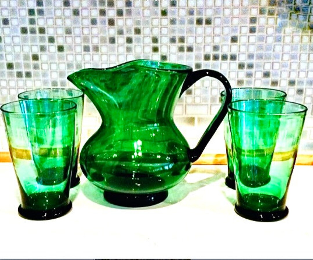 Hand-blown Green Glass Beverage 5pc Set Pitcher With Ice Spout and 4 ...