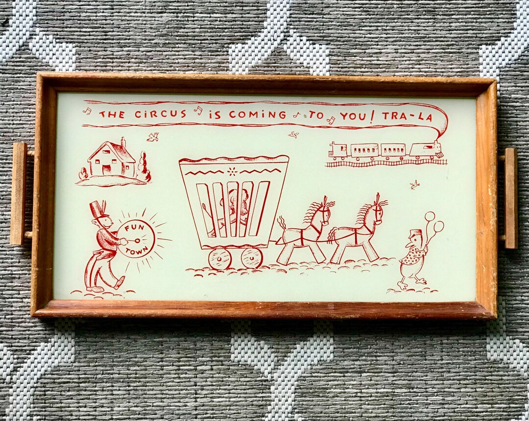 Antique Circus Tray Cartoon Art Drawings Wood and Glass, Playful Theme ...
