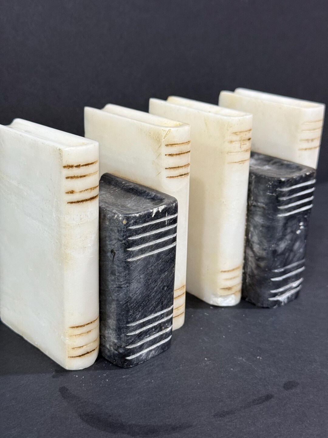 Italian Marble and Alabaster Bookends, Signed Italy and Numbered, 4" Carved Natural Stone ...