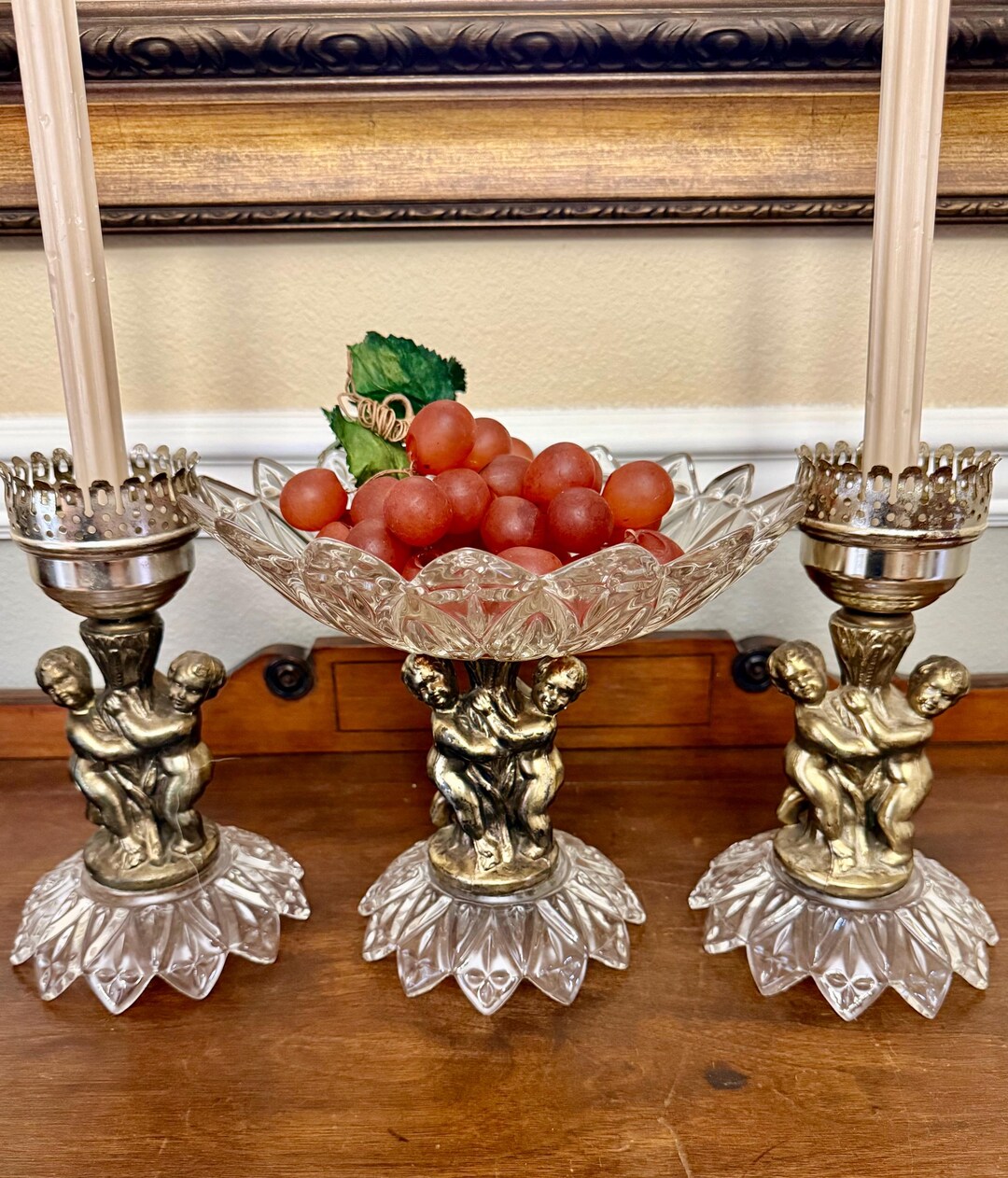 Vintage Federal Petal Glass Compote Set: Bronze Putti Candlestick ...