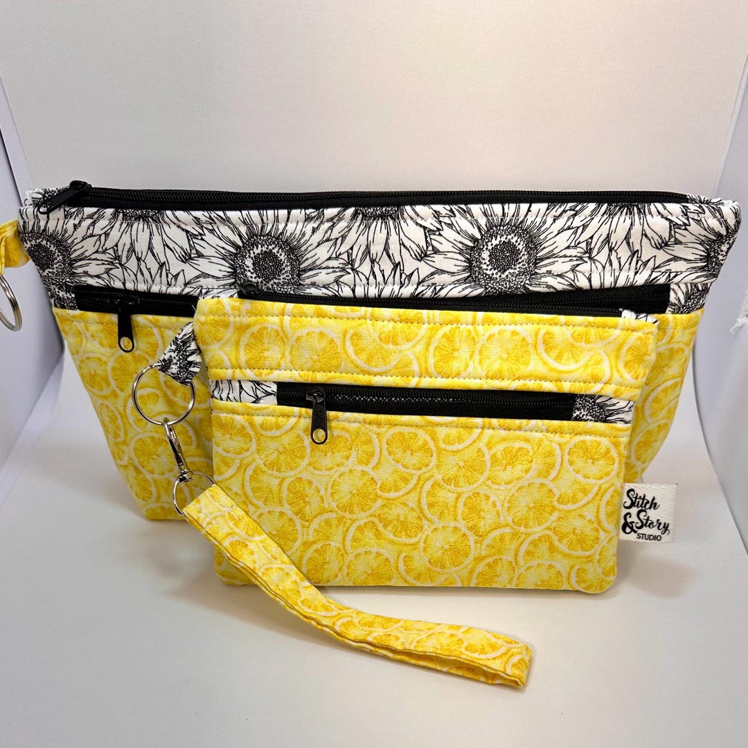 Sunflower & Lemon Zip Pouch Set – Cosmetic Bag With Wristlet - Etsy