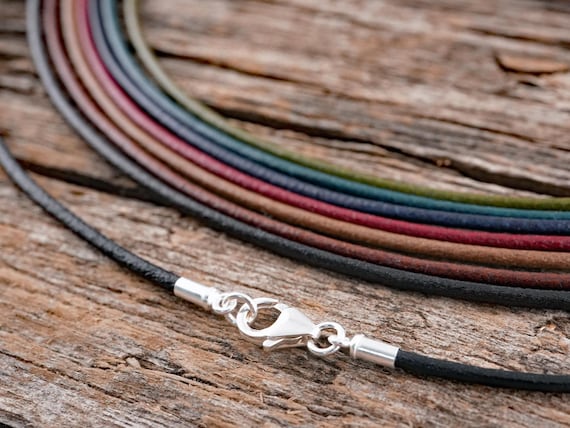 2mm Mediterranean Leather Necklace Sterling Silver Clasp and Cord Ends Colored or Black Thin Leather Necklace for Pendants Charms or Plain