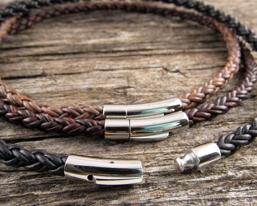 6mm Braided Cord Necklace, Thick Braided Leather With Stainless Steel ...