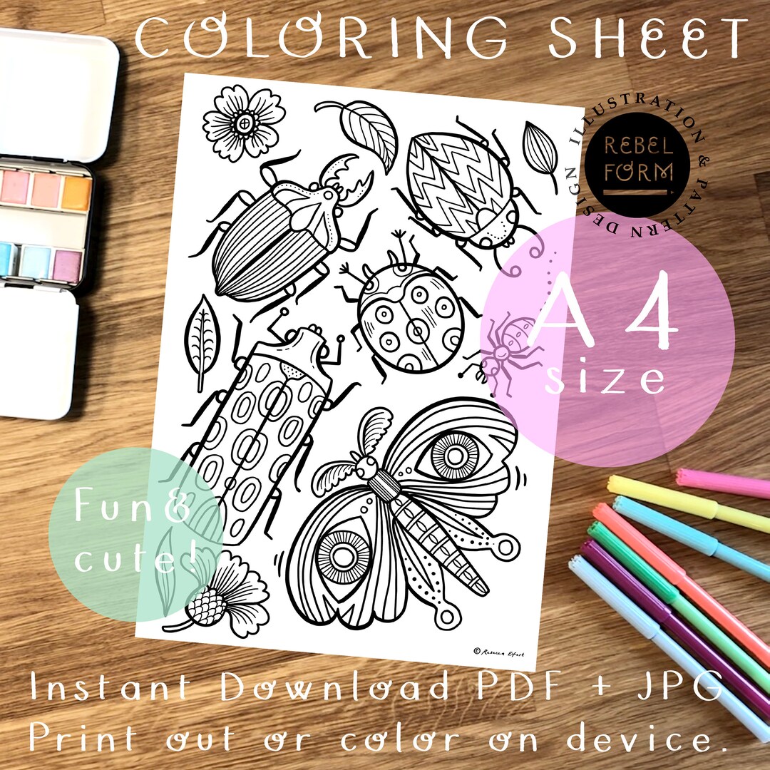 Printable Coloring Page - Beetles, Blooms and Butterflies - A4 PDF ...