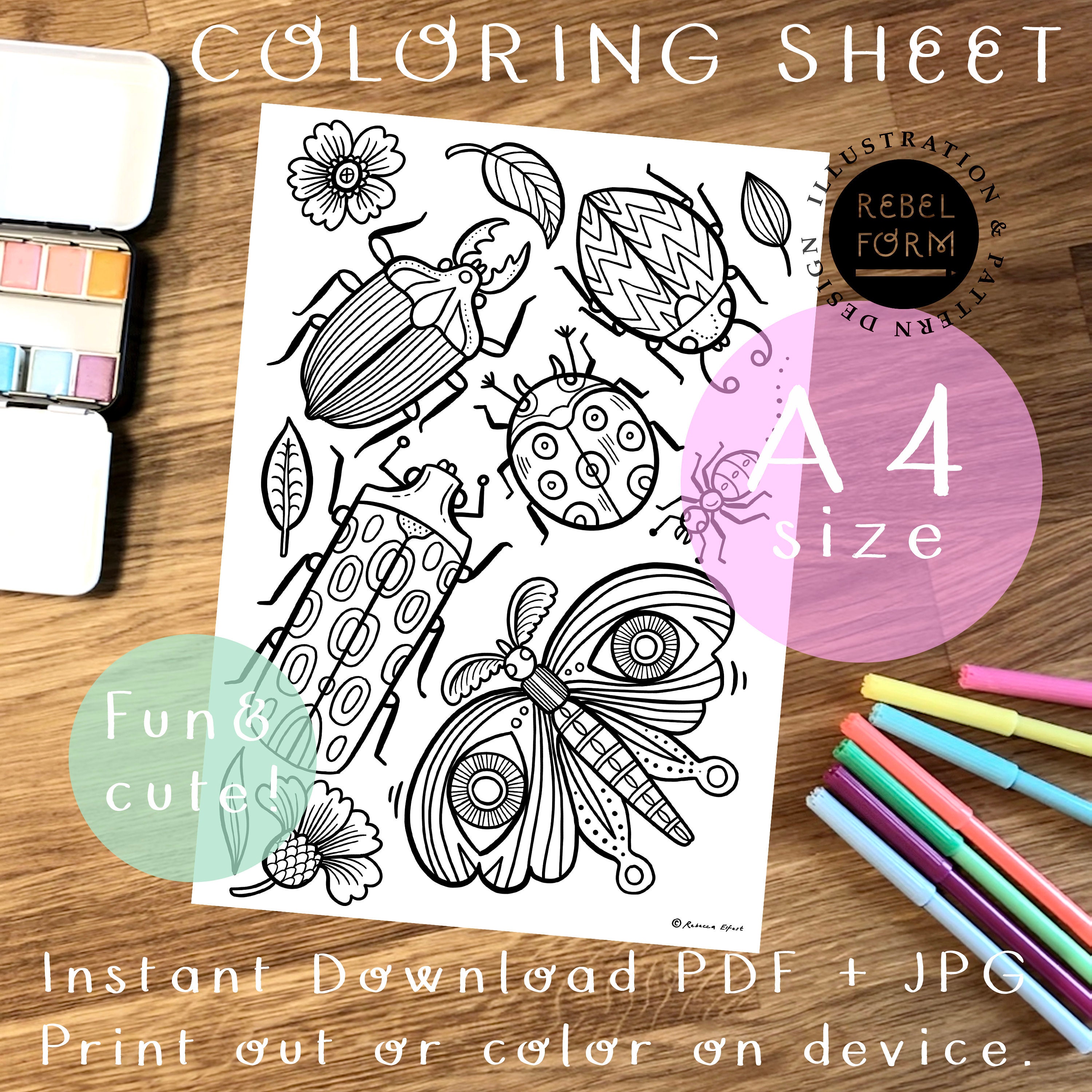 Printable Coloring Page - Beetles, Blooms and Butterflies - A4 PDF ...