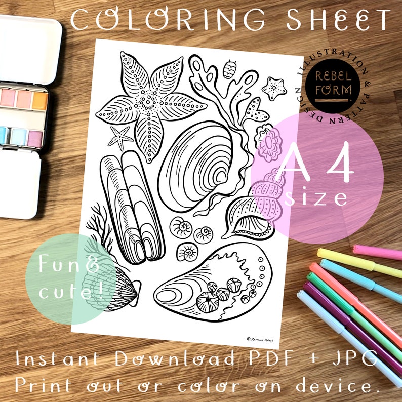 Printable Coloring Page - Sea Shells - A4 PDF & JPG Instant Download - Etsy