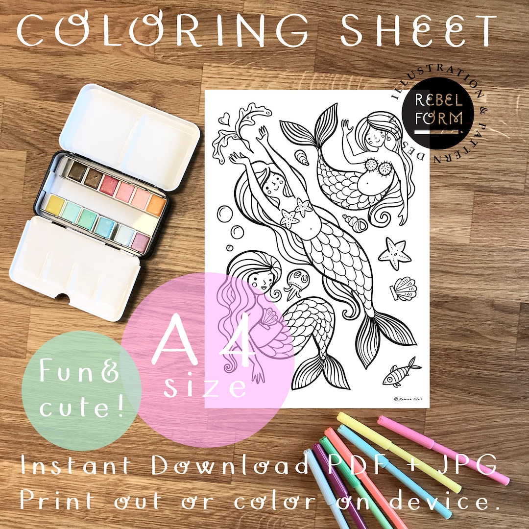 Printable Coloring Page - Mermaids - A4 PDF & JPG Instant Download - Etsy