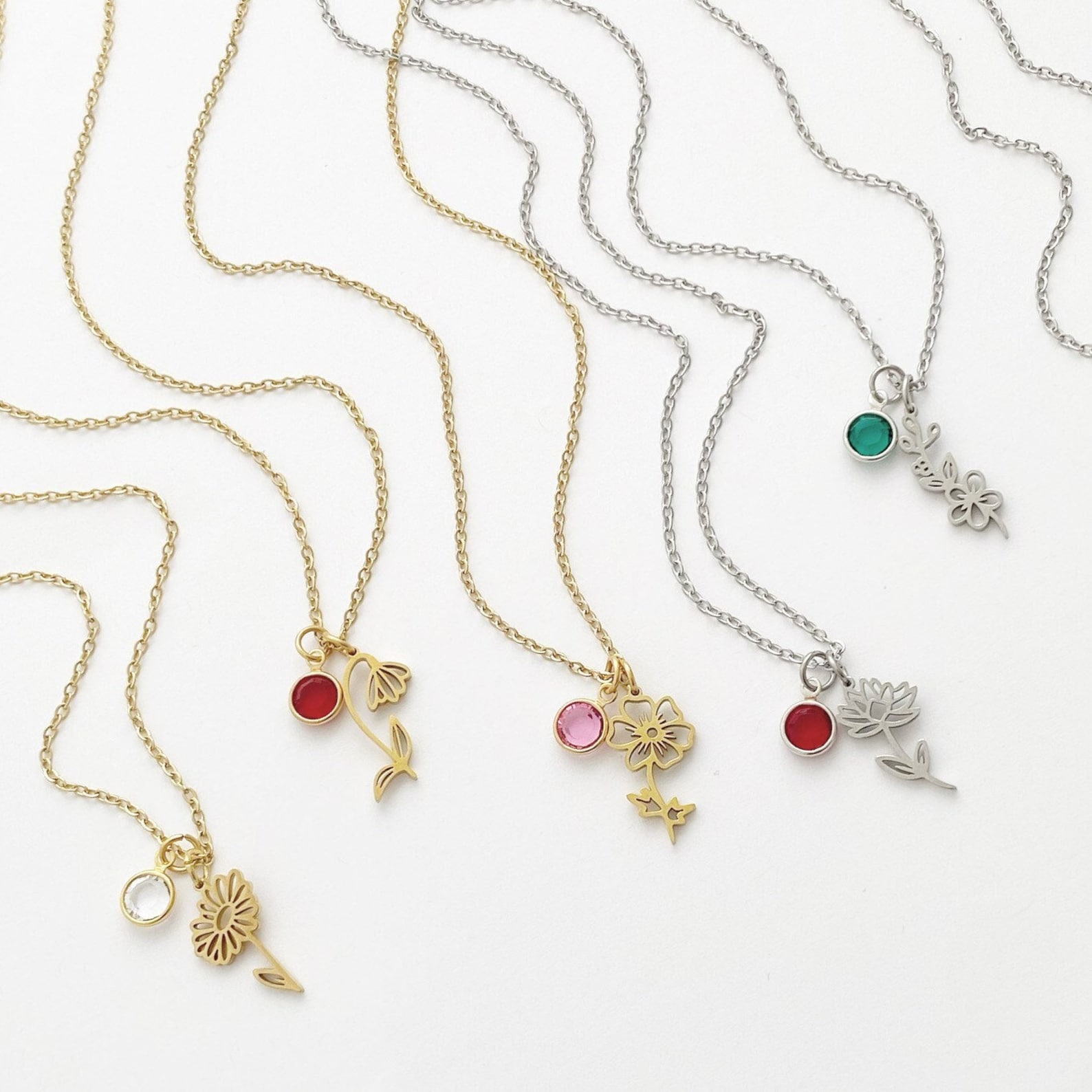 Girls Birth Flower Necklace With Birthstone, Silver or Gold - Etsy