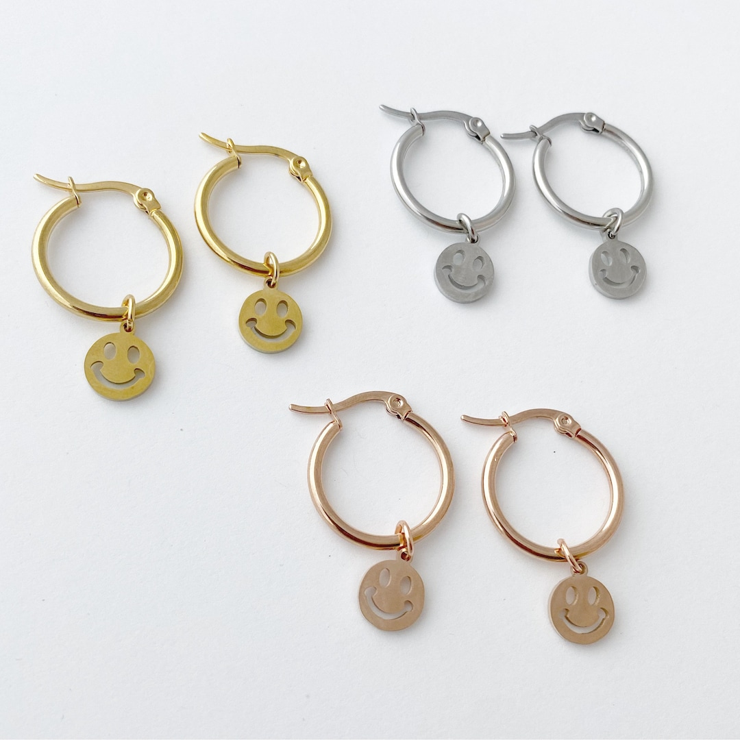 Smiley Face Hoop Earrings; Gold, Silver, Gift for Woman, for Man - Etsy