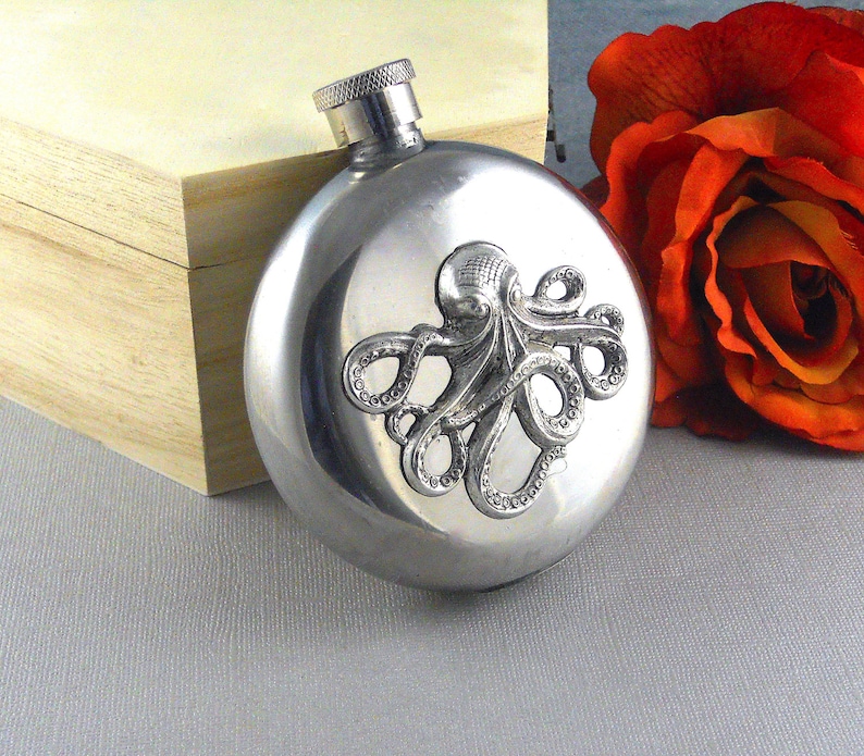 Octopus Flask Silver Flask Nautical Steampunk Flask Vintage - Etsy