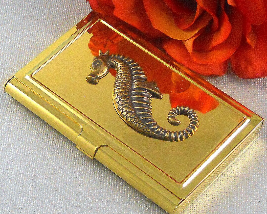 Golden Nautical Business Card Case Sea Horse Card Case Golden Seahorse ...