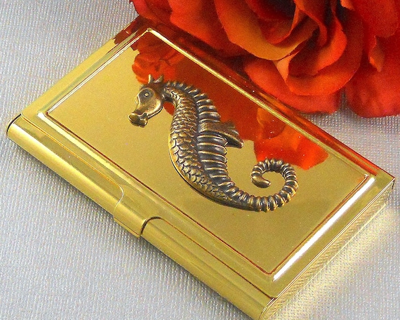 Golden Nautical Business Card Case Sea Horse Card Case Golden - Etsy