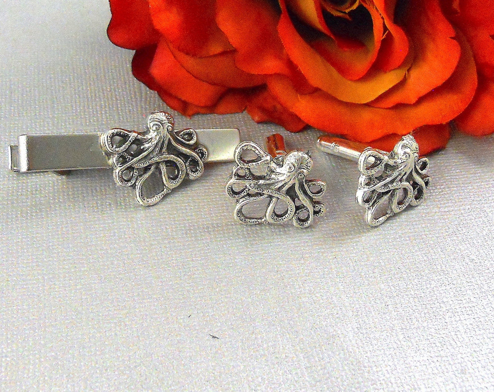 Silver Octopus Cufflinks and Tie Bar Set, Steampunk Nautical Wedding - Etsy