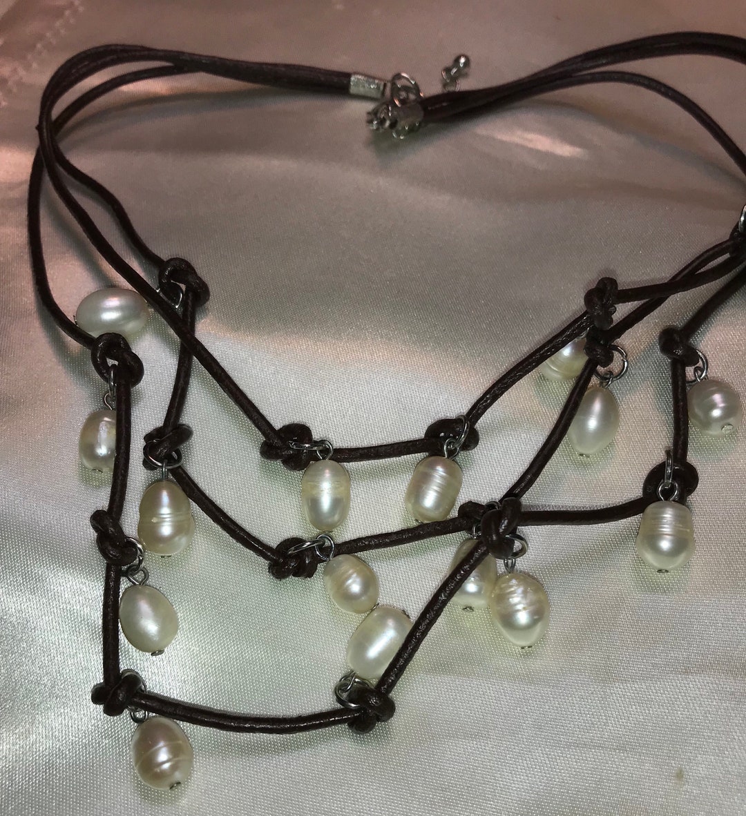 Three Strand Potato Pearl Necklace on Leather. 22 Grms, 16long, Hang 22 ...