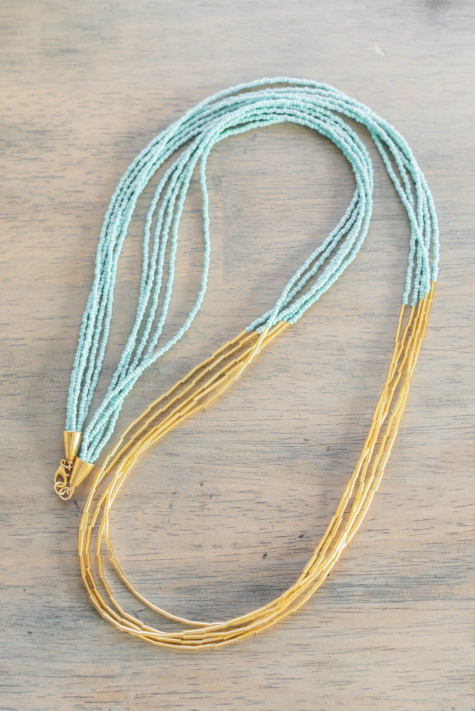 London Turquoise and Gold Seed Bead Necklace, Seed Bead Jewelry, Long ...