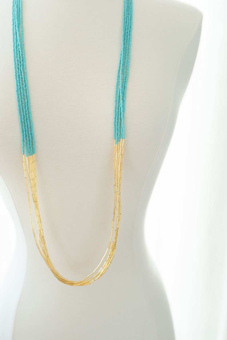 London Turquoise and Gold Seed Bead Necklace, Seed Bead Jewelry, Long ...