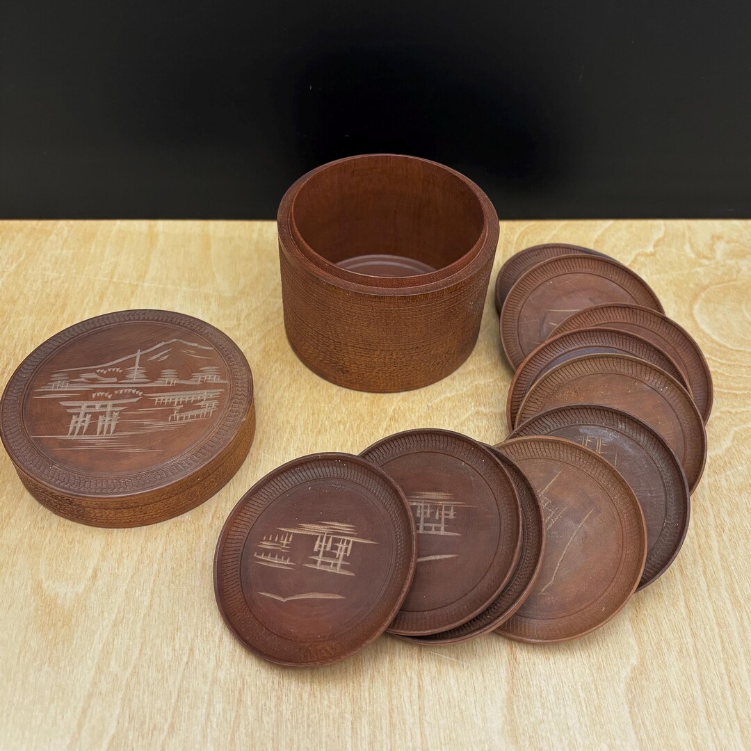 Vintage Japanese Teak Coasters in Round Lidded Box, Hand Carved Coaster ...