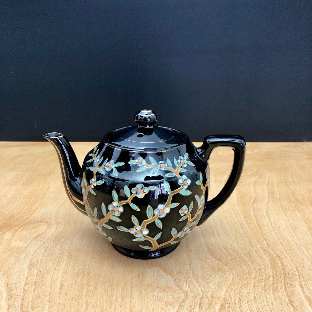 Vintage Moriage Teapot, Japanese Vintage Teapot, Black Floral Redware ...