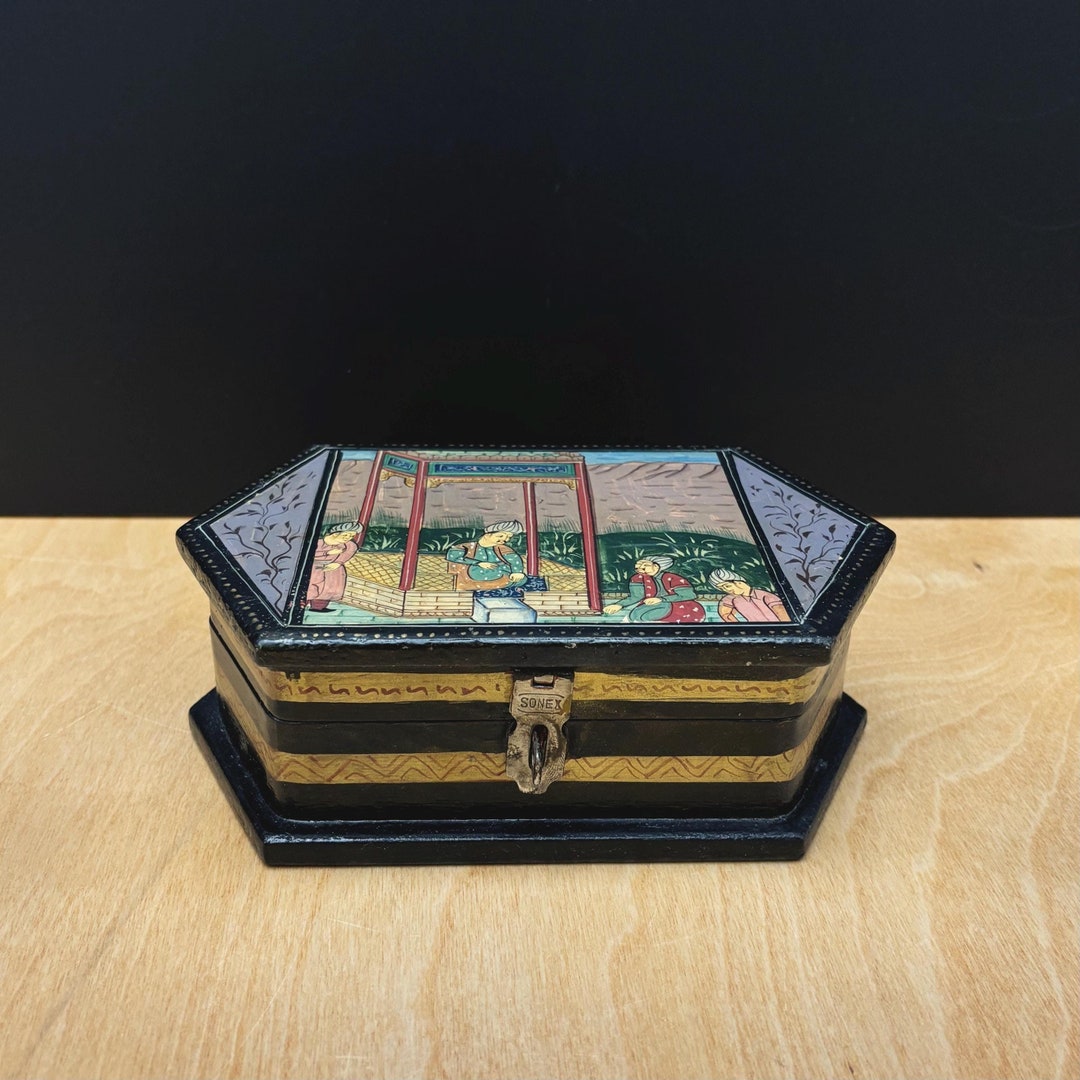 Vintage Persian Wood Box, Middle Eastern Hexagon Hand Painted Trinket ...