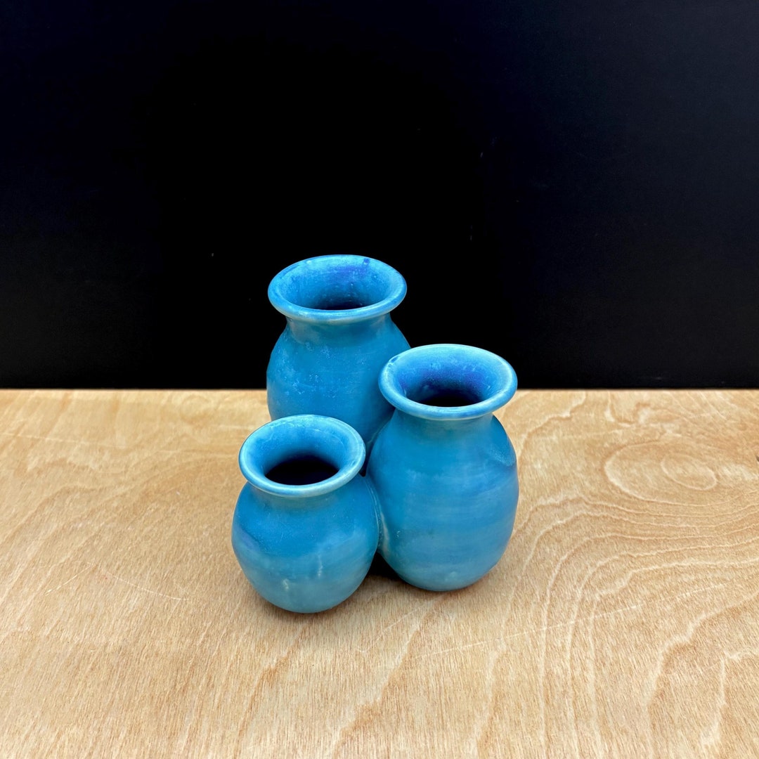 Vintage Foxlo Pottery Triple Bud Vase, Turquoise Blue Multi Vase ...