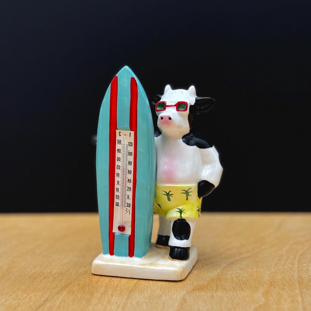 Vintage Novelty Thermometer, Ceramic Cow With Surfboard Thermometer ...