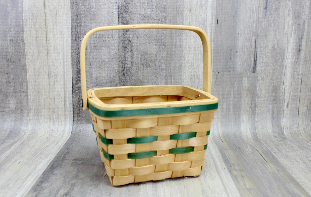 Vintage Cottage Core Slat Basket With Swing Handle, Green Garden Basket ...