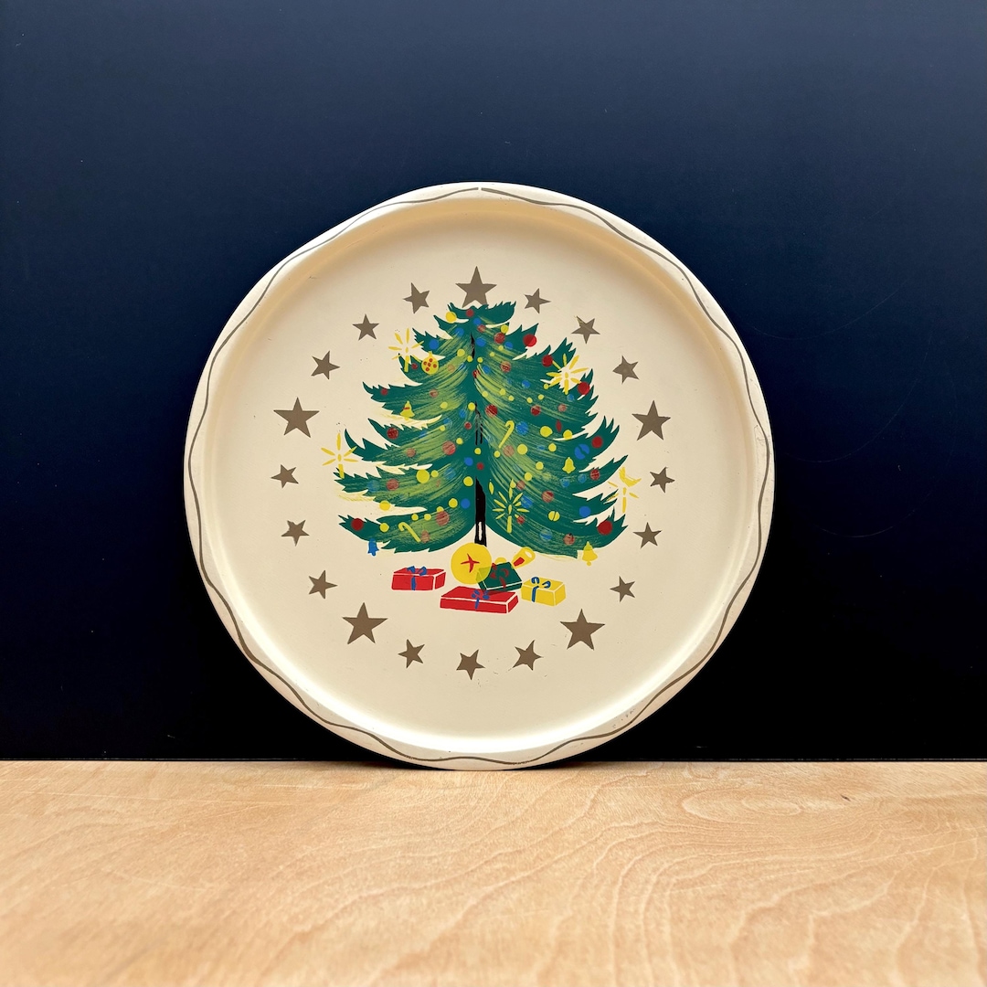 Vintage Christmas Tray, Round Christmas Metal Tray, Cookie Tray ...