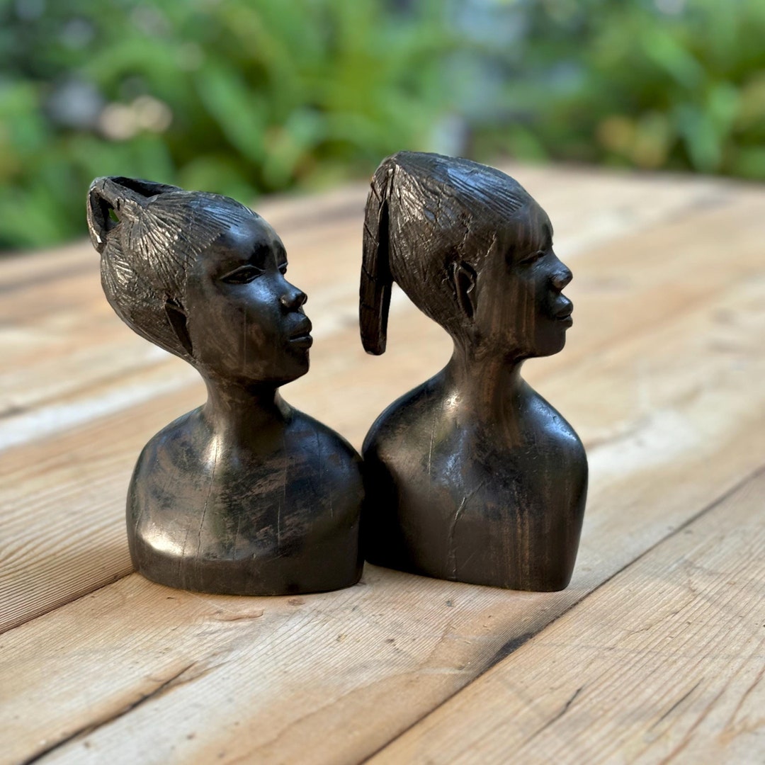 Vintage Hand Carved Ebony Wood Bust, Set of Two, Female Bust Carving ...
