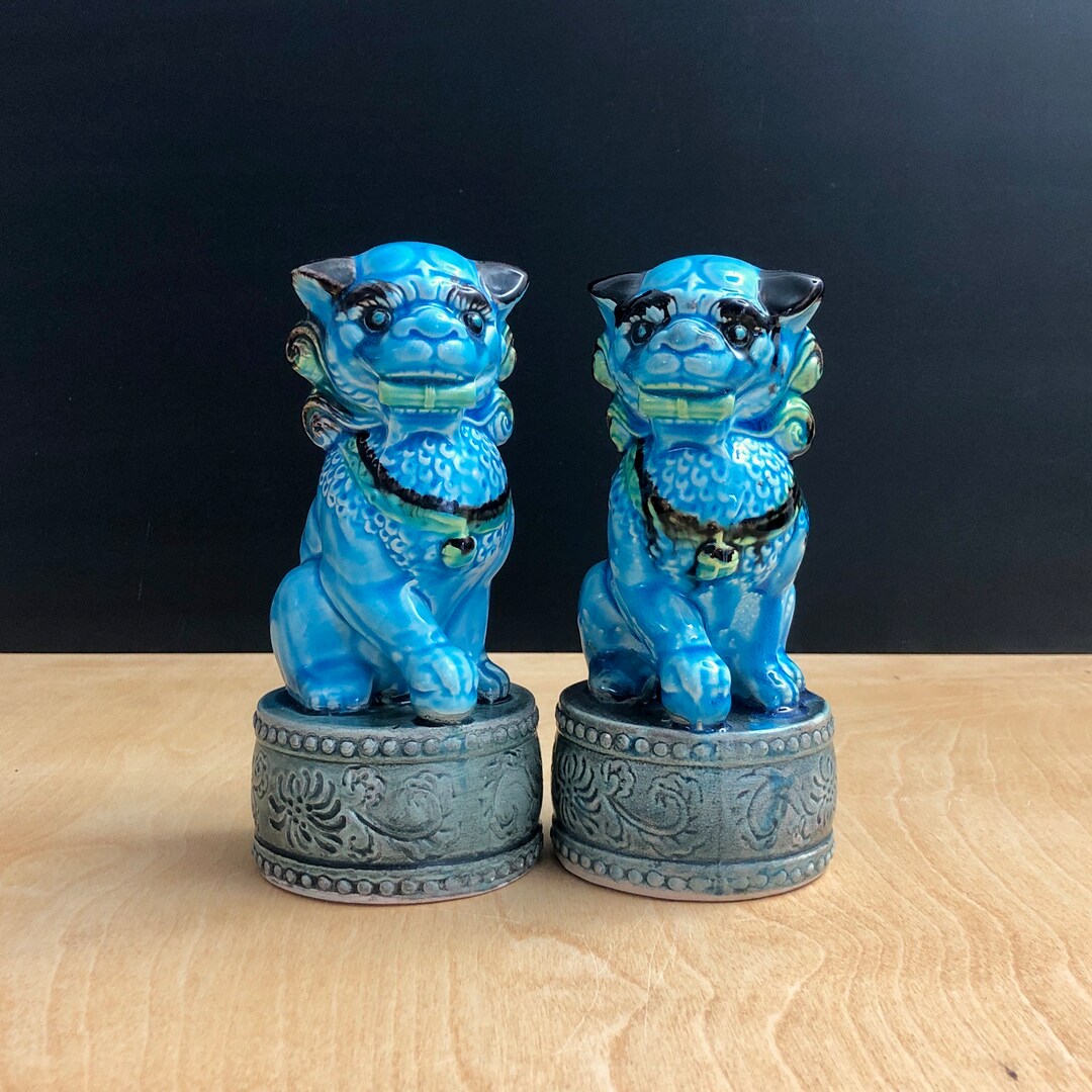 Vintage Mid Century Pair Foo Dog Statues, Turquoise Blue, Shishi, Made ...