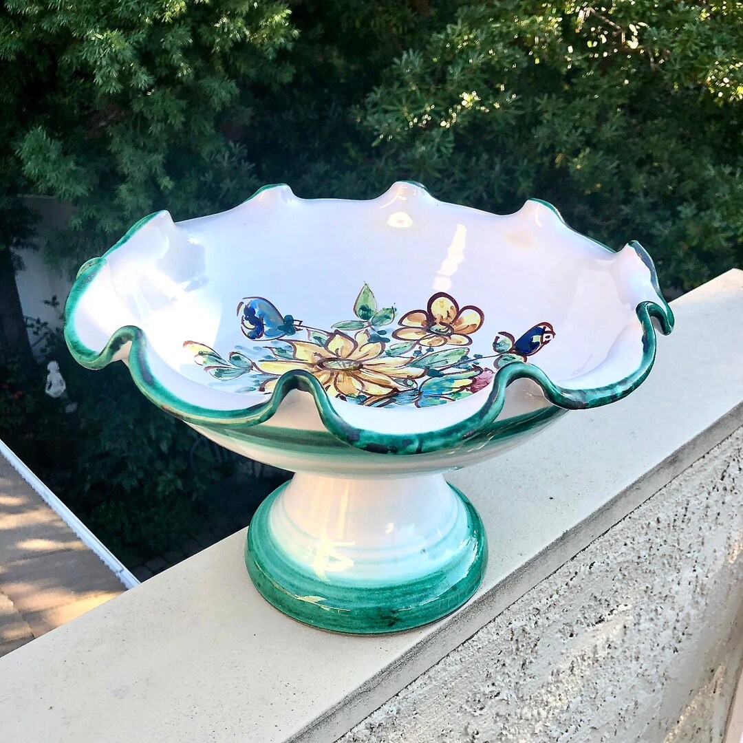 Vintage Large Italian Pottery Pedestal Bowl, Derosa Vietri Italian ...