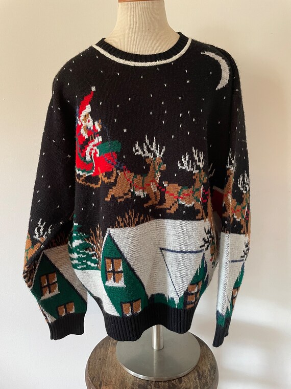 Vintage Picture Knit Santa and Reindeer Christmas Swe… - Gem