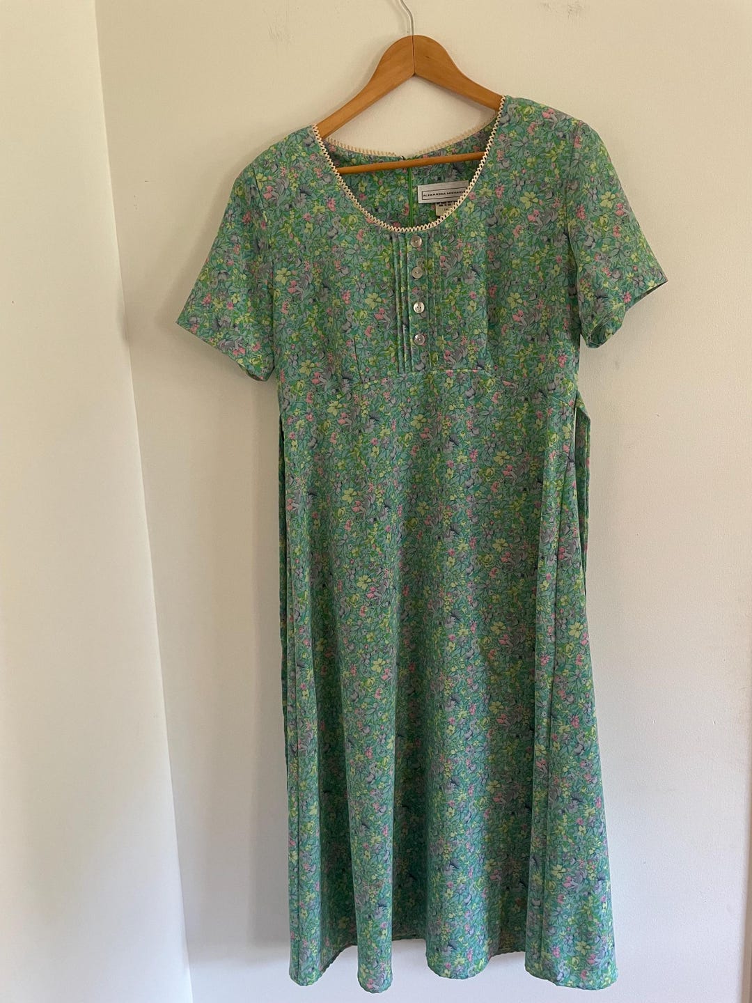 90's Alexandra Michaels Mint Green Floral Lace Trim Short Sleeve Midi ...