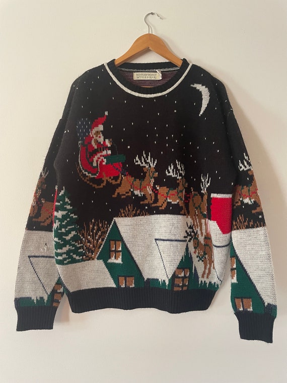 Vintage Picture Knit Santa and Reindeer Christmas Swe… - Gem