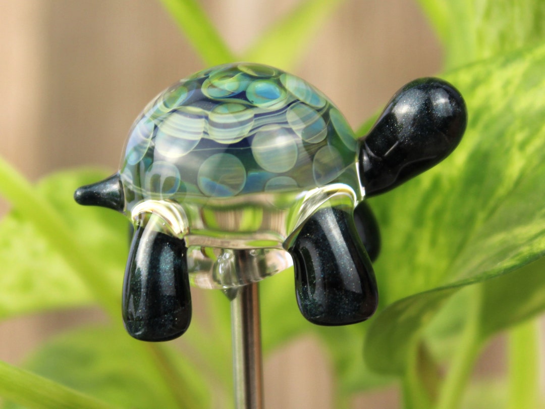 Blown Glass Tortoise Plant Stake, Turtle Planter Ornament, House Plant ...
