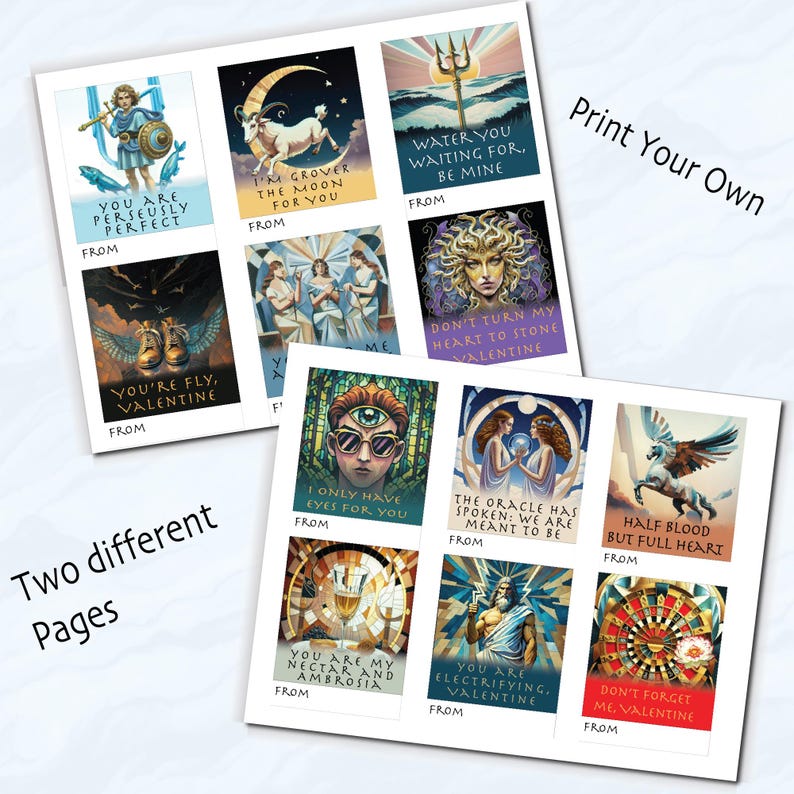 Greek Mythology Valentine Cards for Kids Classroom, 12 Different Cards ...