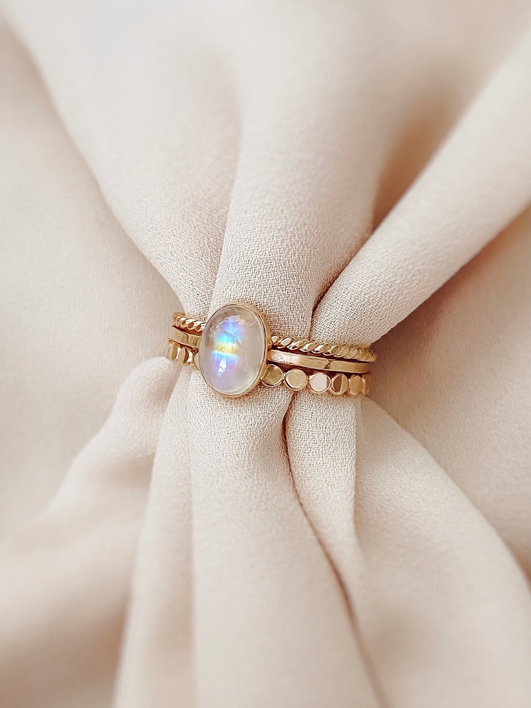 Rainbow Moonstone Ring Set • Dainty Moonstone Ring Gold • Real ...